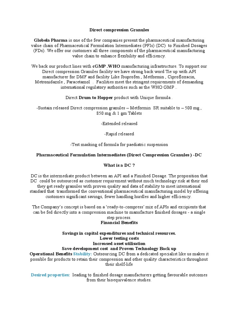 DC Granules Globela Pharma | PDF | Tablet (Pharmacy) | Drugs