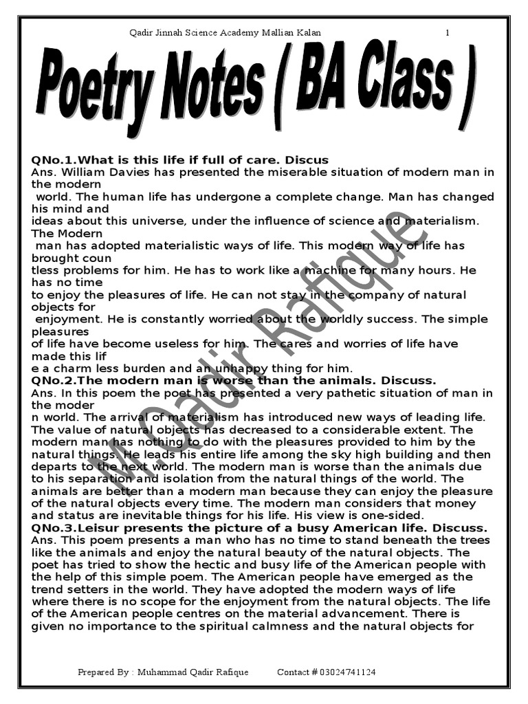 BA English Poetry Qadir Poetry Notes | PDF | Anthropomorphism | Humour
