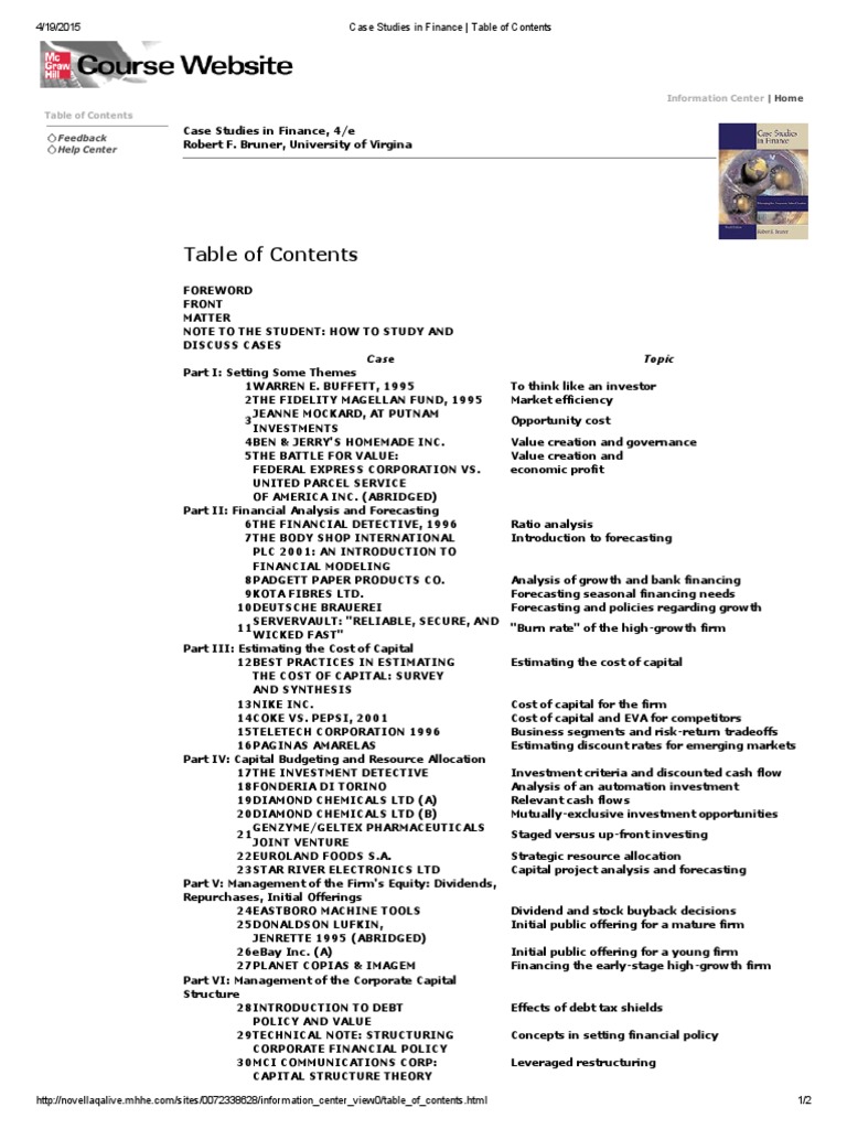 Case Studies in Finance - Bruner - Table of Contents | PDF | Mergers ...