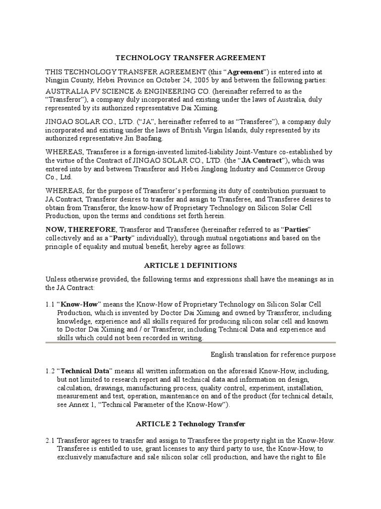 Technology Transfer Agreement Overview | PDF | Know How | Arbitration