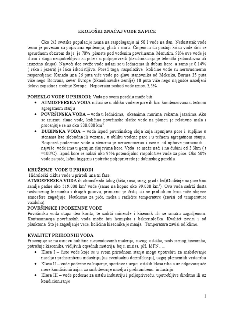 Medicinsko-Ekoloski Znacaj Vode Za Pice | PDF