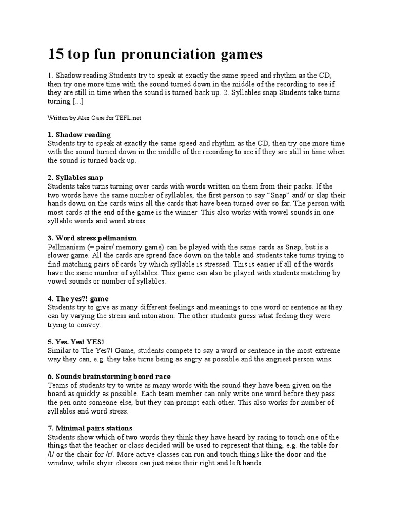 15 Top Fun Pronunciation Games | PDF | Stress (Linguistics) | Syllable
