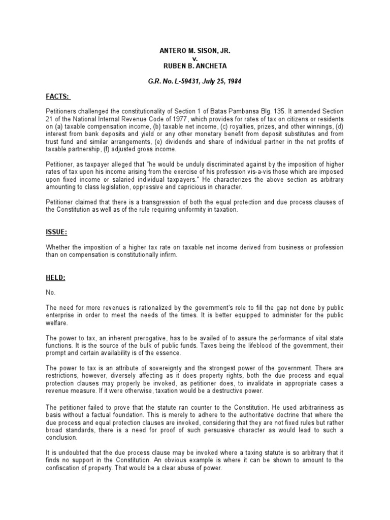 Sison vs. Ancheta | PDF | Equal Protection Clause | Due Process Clause