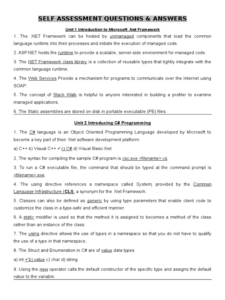 Self Assessment Questions & Answers | PDF | C Sharp (Programming Language) | Html