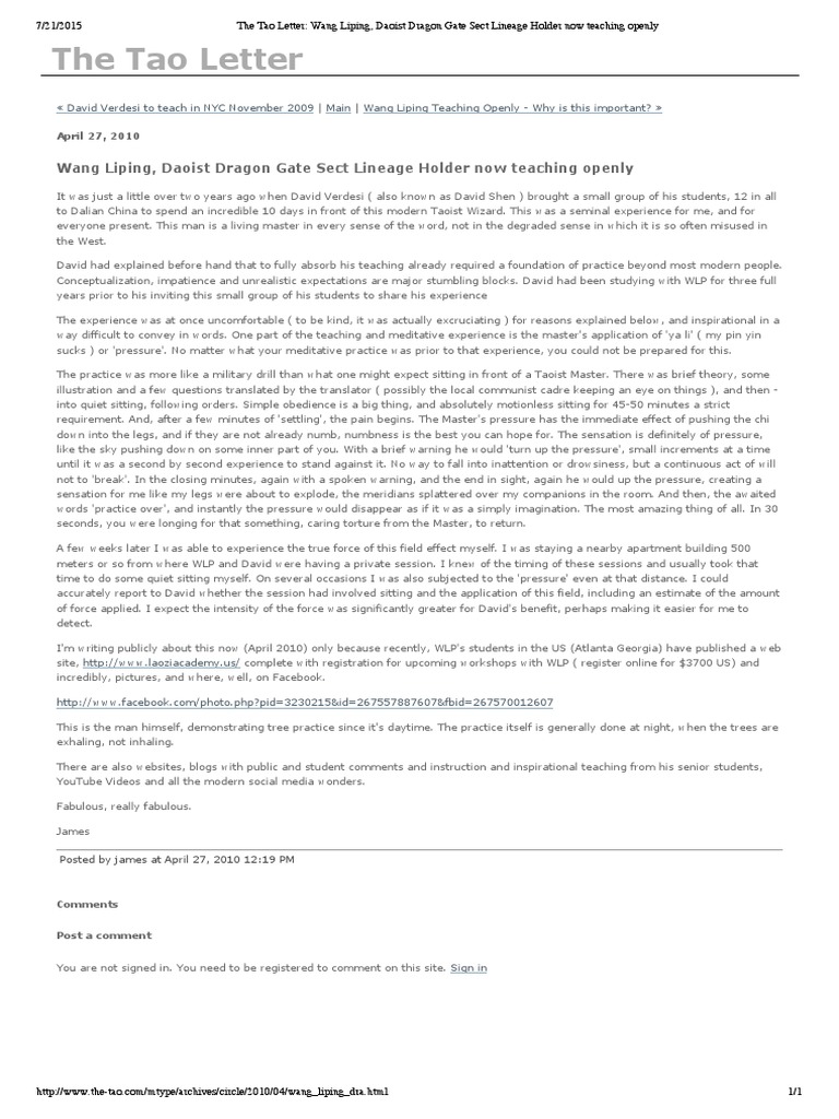 The Tao Letter - Wang Liping, Daoist Dragon Gate Sect Lineage Holder ...