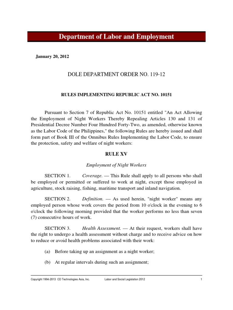 DOLE Department Order On Night Workers | PDF | Parental Leave | Employment