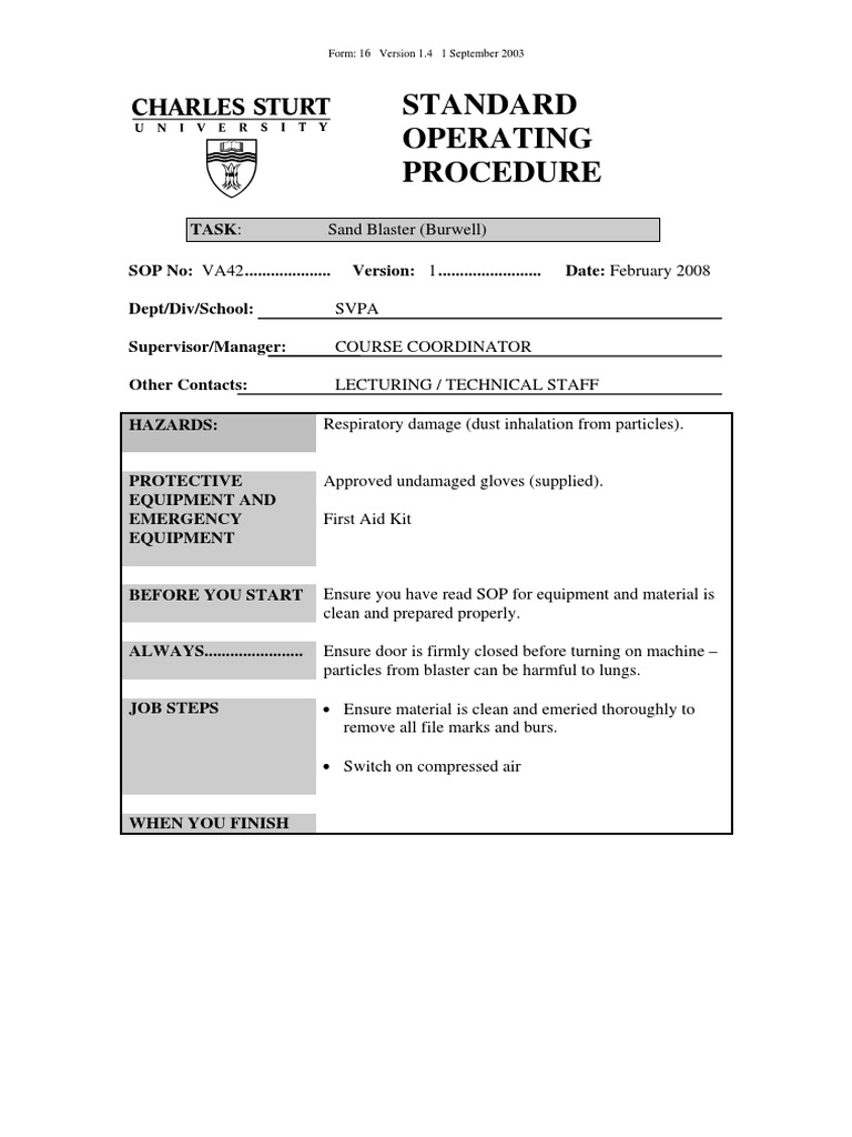 SOP Sandblasting (Charles Sturt University) | PDF