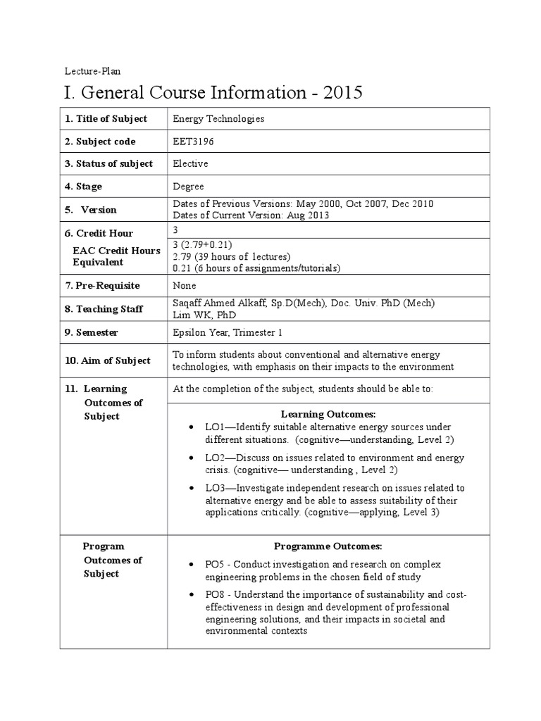 00 EET3196 Lecture - Tutorial Ouline Plan1 | PDF | Energy Technology | Nuclear Power