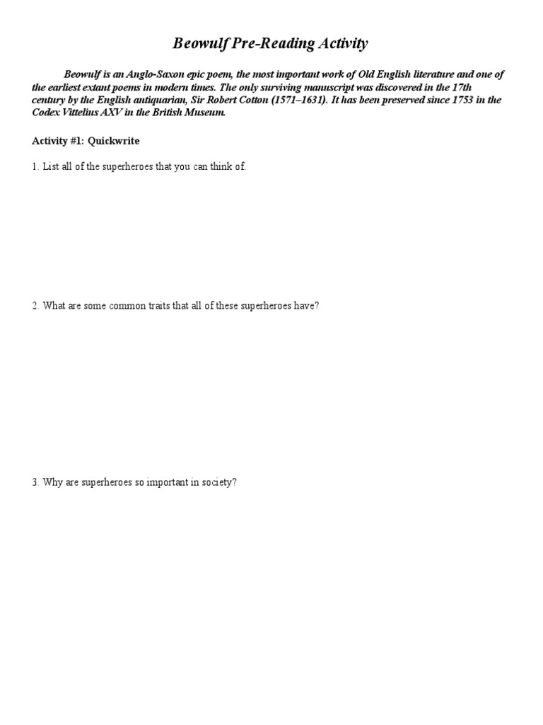 Beowulf Pre Reading Activity | PDF