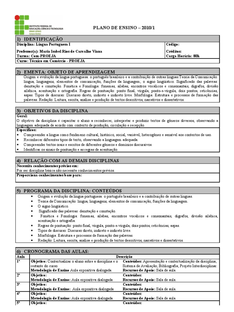 Plano de Disciplina e Cronograma de Atividades | PDF | Linguística | Sílaba