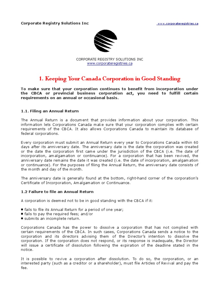 Keeping Your Canada Corporation in Good Standing | PDF | Board Of ...
