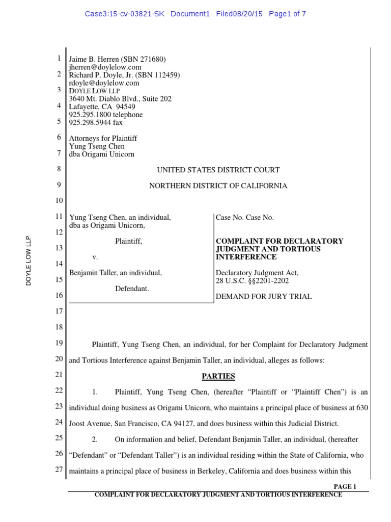 Chen v. Taller - Complaint | Declaratory Judgment | Patent Infringement