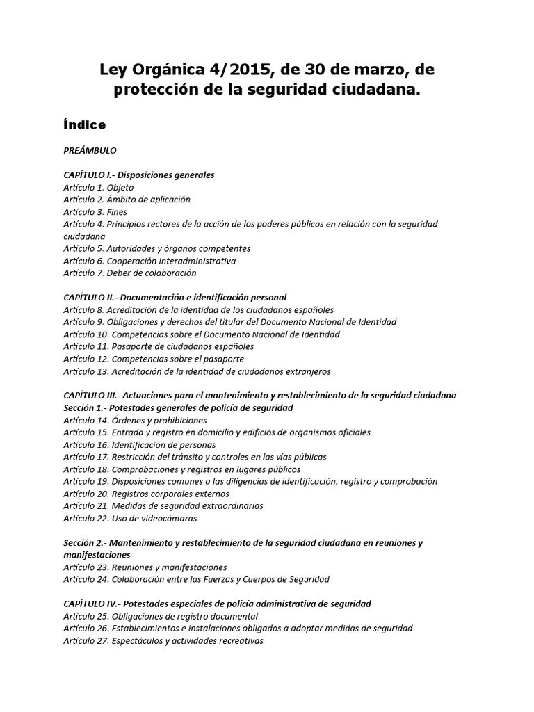 Ley Orgánica 4 2015 De 30 De Marzo De Protección De La Seguridad