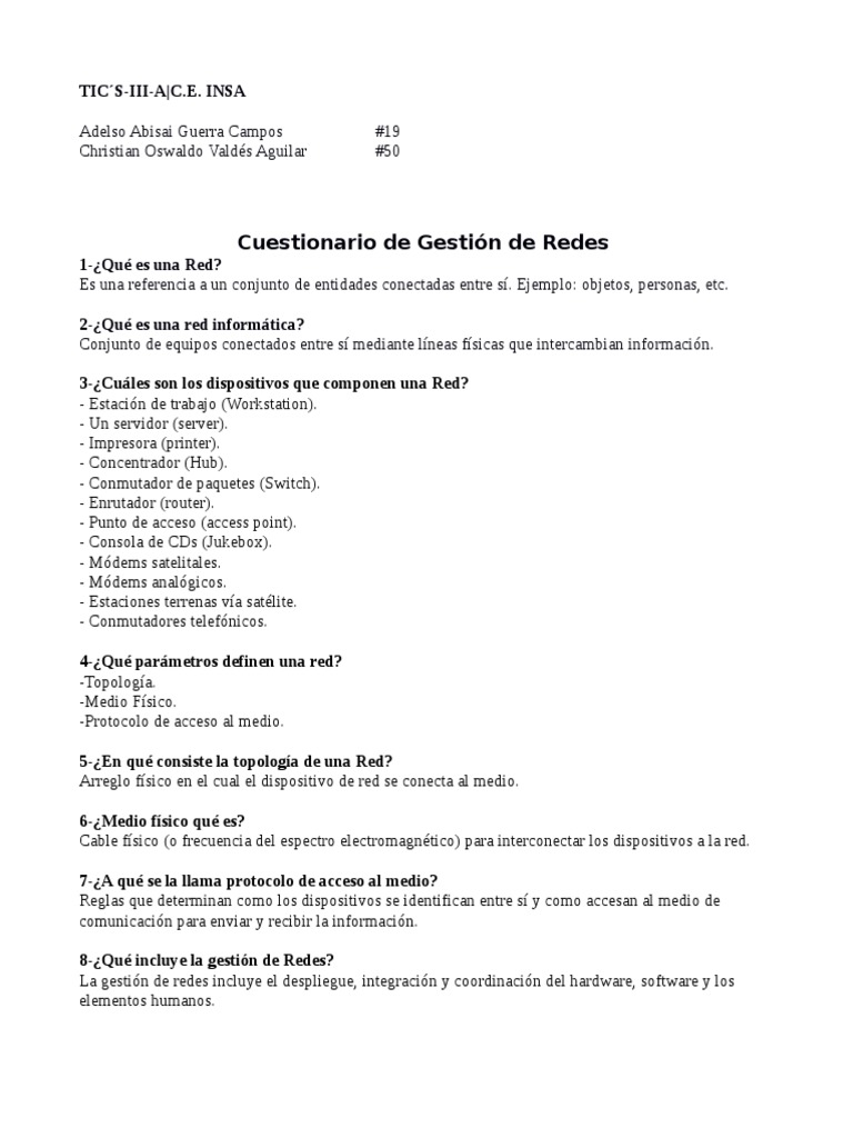 Cuestionario exhaustivo sobre conceptos básicos de gestión de redes | PDF | Red de computadoras ...