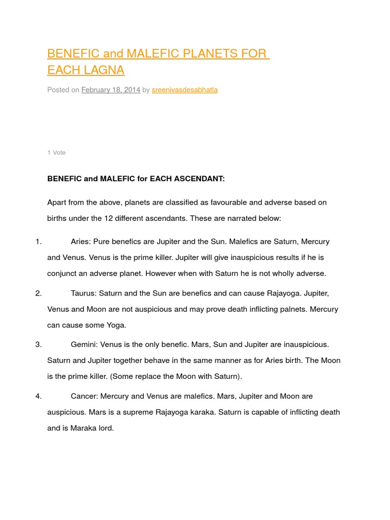 Benefic and Malefic Planets For Each Lagna | PDF | Planets In Astrology ...