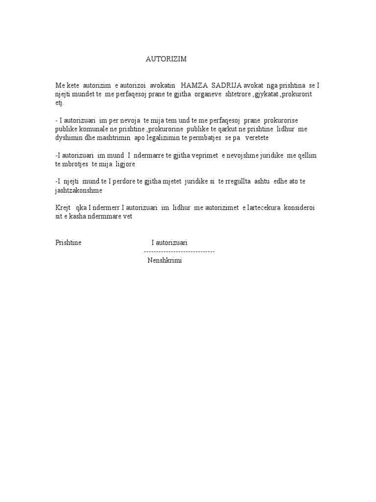 AUTORIZIM Me Kete Autorizim e Autorizoi Avokatin | PDF
