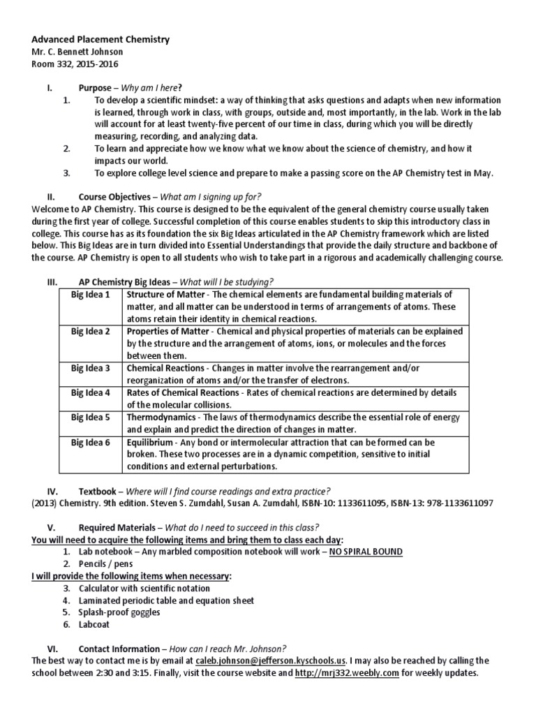 AP Chemistry Course Overview 2015-2016 | PDF | Chemical Bond | Gases