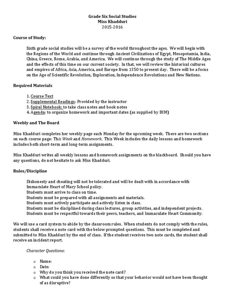 Sixth Grade Social Studies Overview | PDF | Homework | Teaching