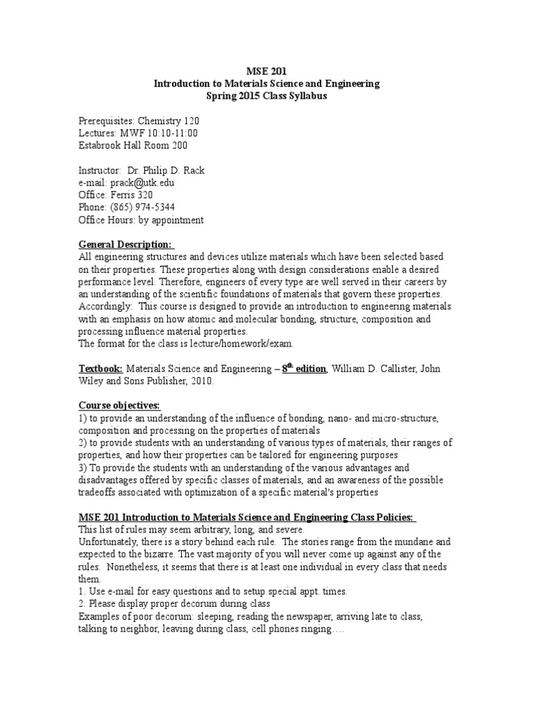 201 Syllabus | PDF | Materials Science | Quiz