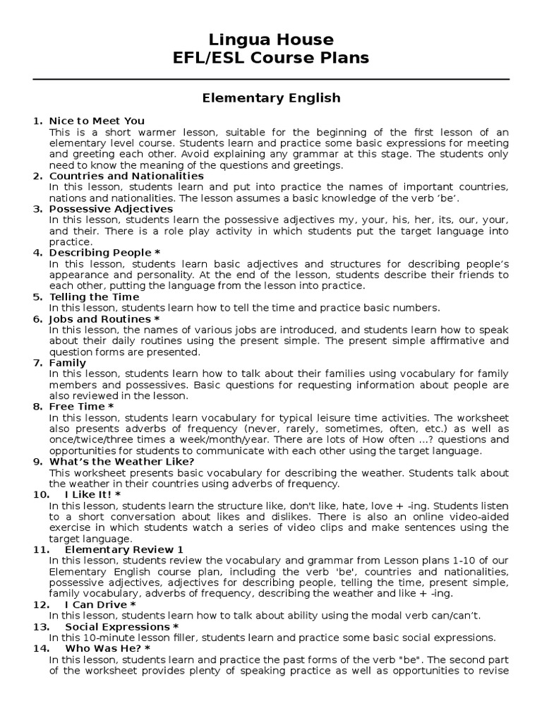 Lingua House EFL/ESL Course Plans: Elementary English | PDF | English ...