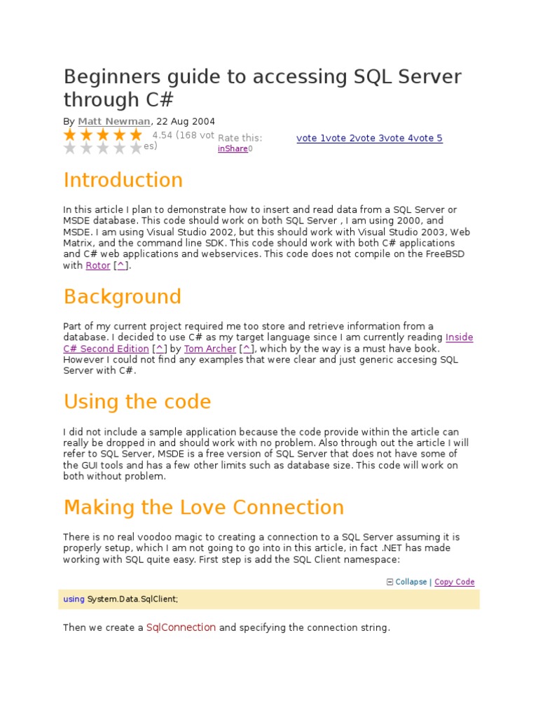 Beginners Guide To Accessing SQL Server Through C | PDF | Microsoft Sql Server | Internet ...