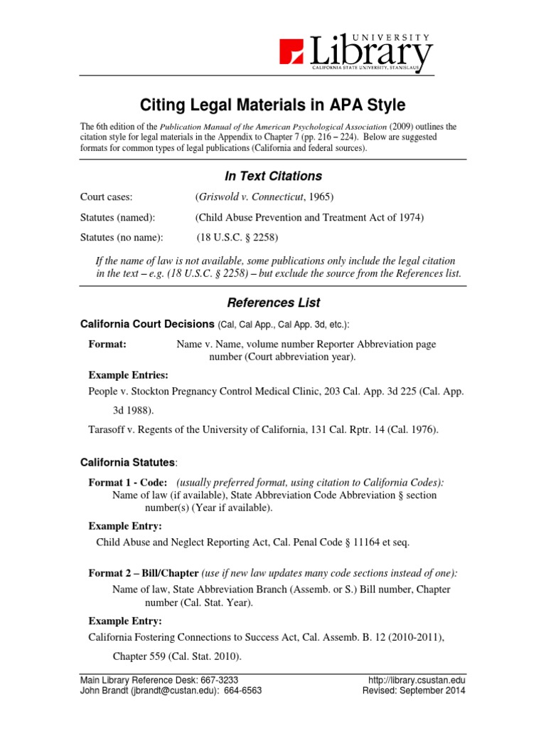Citing Legal Materials in APA Style | PDF | United States Code | Citation