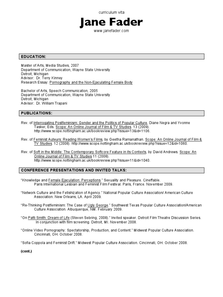 Jane Fader CV | PDF | Feminism | Gender Studies