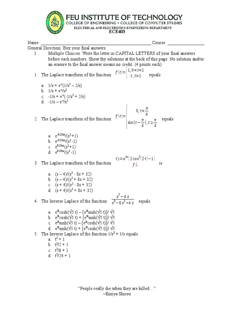 Feedback and Control System - Quiz 1 | PDF