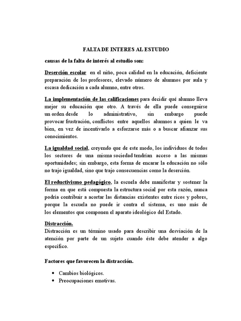 Causas del Desinterés Escolar | PDF | Salón de clases | Modificación de ...