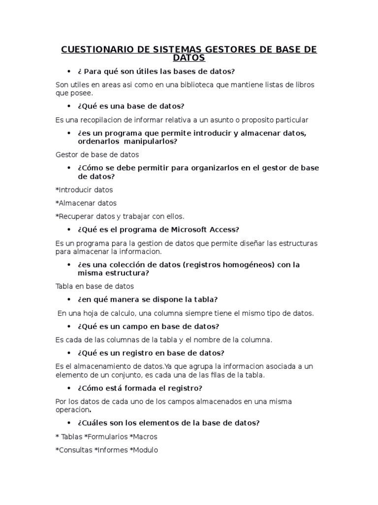 Cuestionario de Sistemas Gestores de Base de Datos | PDF | Tabla (base de datos) | Bases de datos