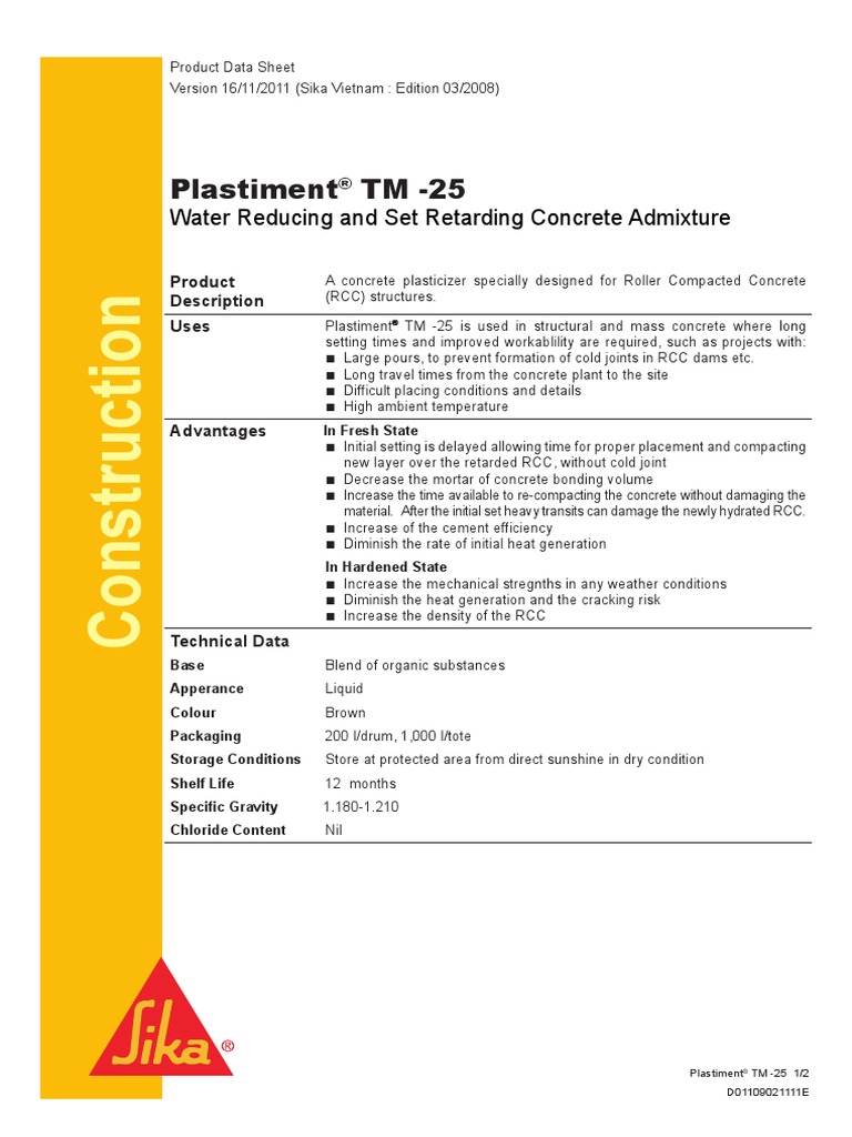 Sika PDS - E - Plastiment TM - 25 | PDF | Concrete | Manmade Materials