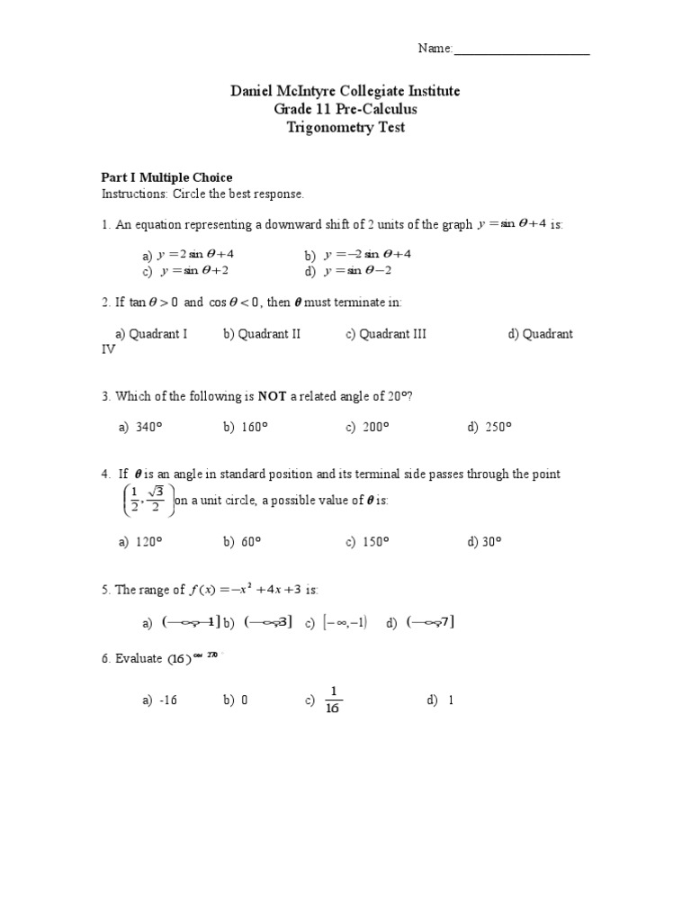 Grade 11 Trigonometry Test | PDF | Trigonometric Functions | Sine