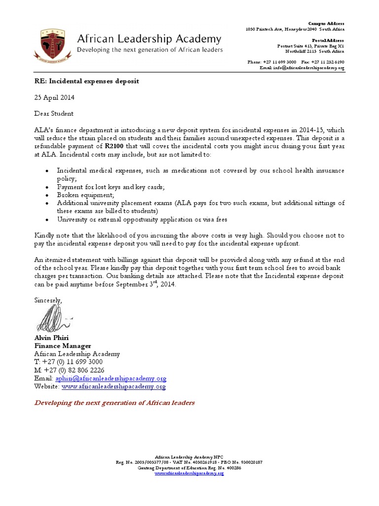 ALA Incidental Expenses Deposit Guide | PDF | Fee | Expense