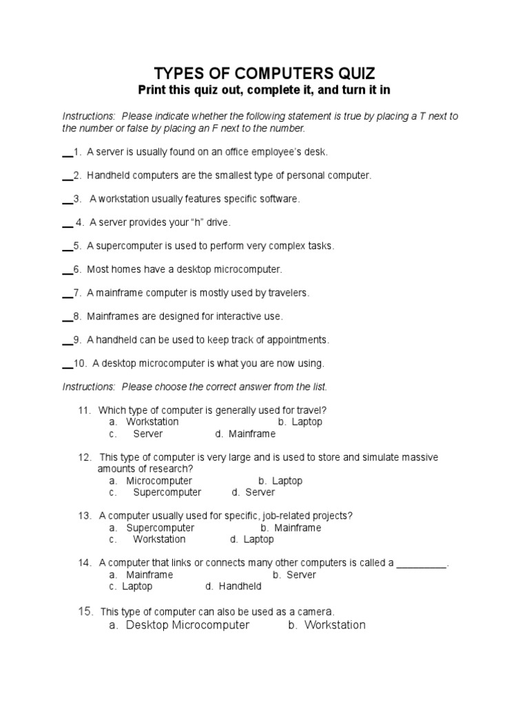 Types of Computers Quiz | PDF | Personal Computers | Microcomputers Types of Computers Quiz | PDF | Personal Computers | Microcomputers