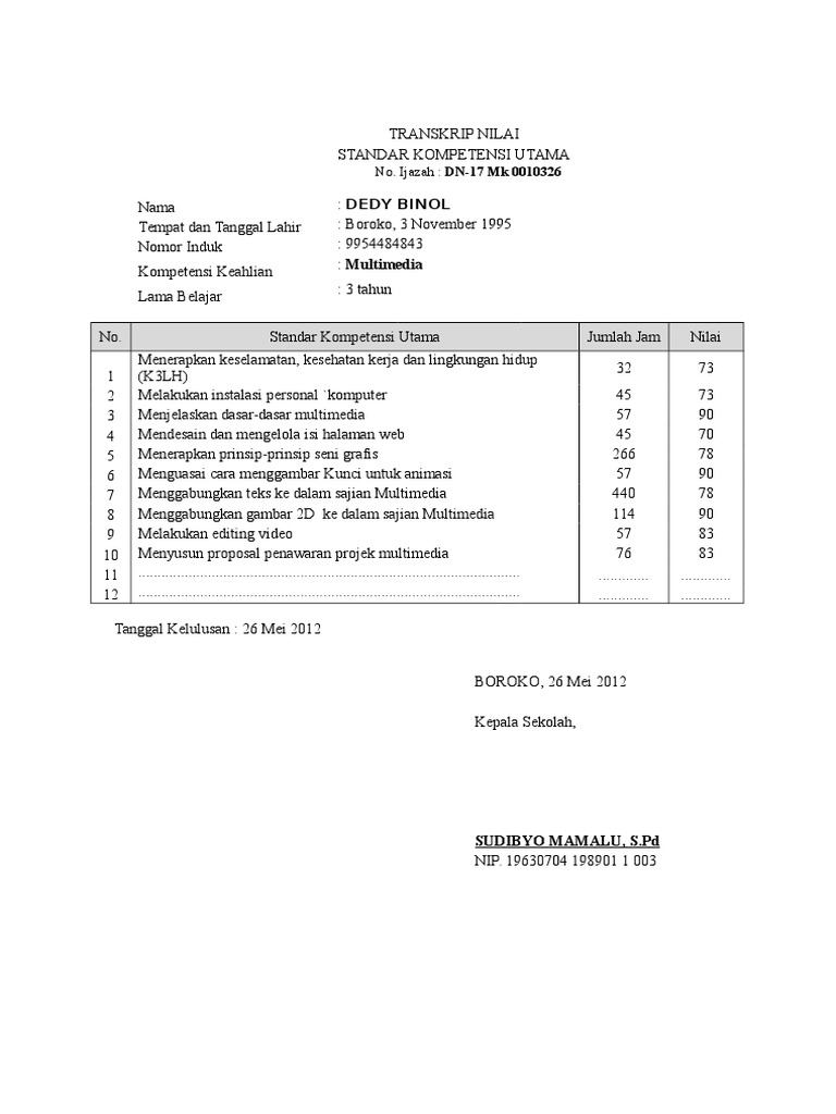 Contoh Transkrip Nilai SMK Multimedia | PDF