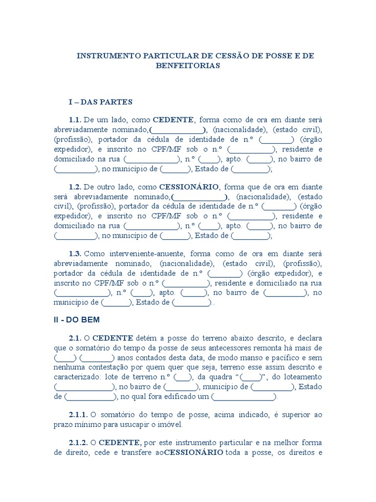 Instrumento Particular De Cessão De Posse E De Benfeitorias Pdf