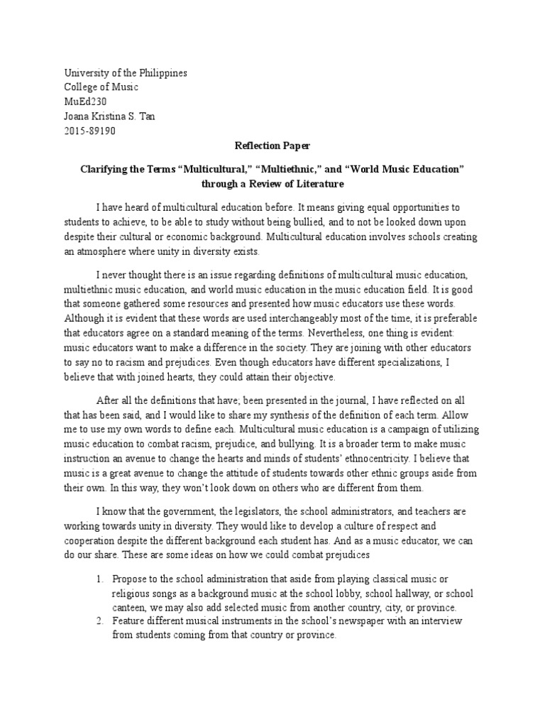 Multiculturalism Reflection Paper | PDF | Multiculturalism | Music ...