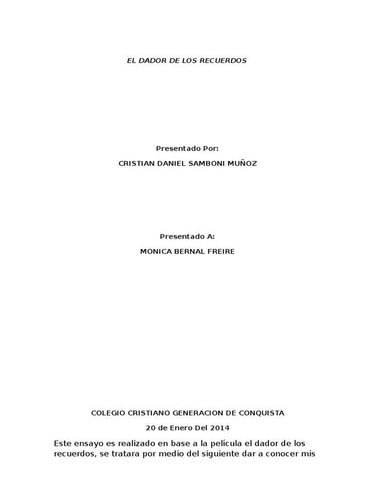 El Dador de Los Recuerdos | PDF | El dador | Felicidad