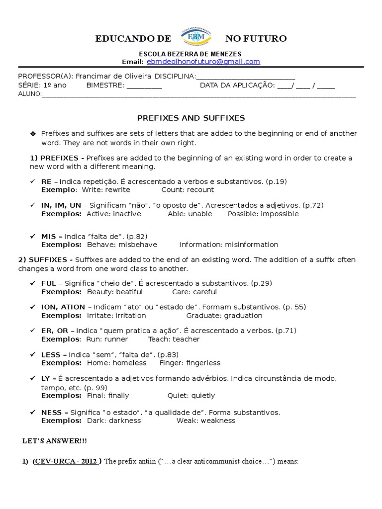 Prefixes and Suffixes 1 Ano | PDF | Mecânica da linguagem | Vocabulário