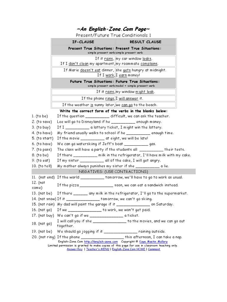 Present/Future True Conditionals 1: If-Clause Result Clause Present ...