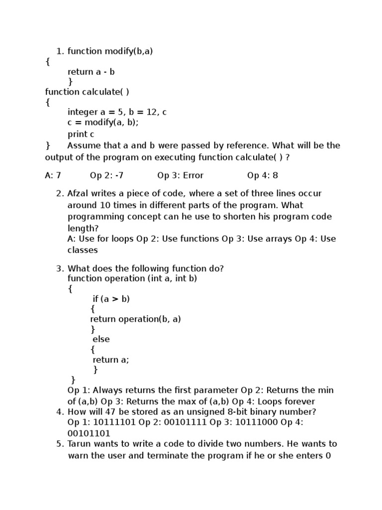 sample Question Paper for placement | Software Development | Computer ...