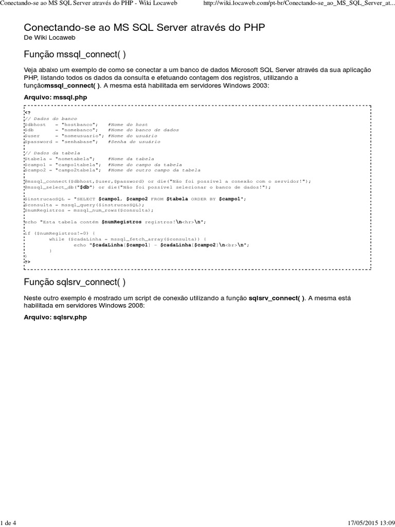 Conectando ao banco de dados SQL Server usando PHP | PDF | Php | Tabela (banco de dados)