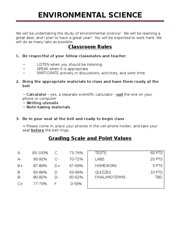 Environmental Science Class Overview | PDF | Quiz | Laboratories