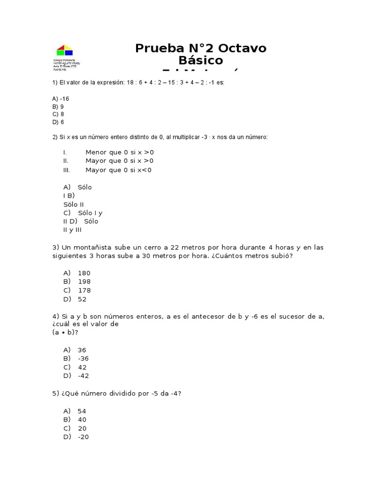 Prueba de Números Enteros | Matemática Elemental | Álgebra