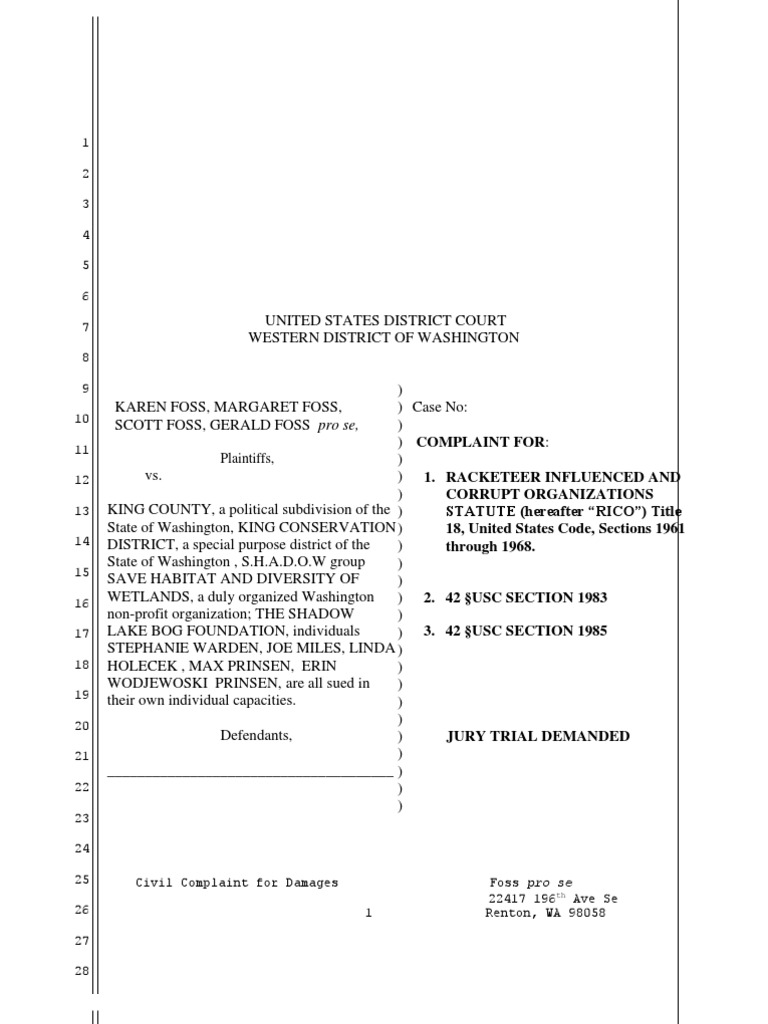 Foss, Et Al v. King County, Et Al COMPLAINT Case No.: 2:2009-cv-01823 | PDF | Racketeer ...