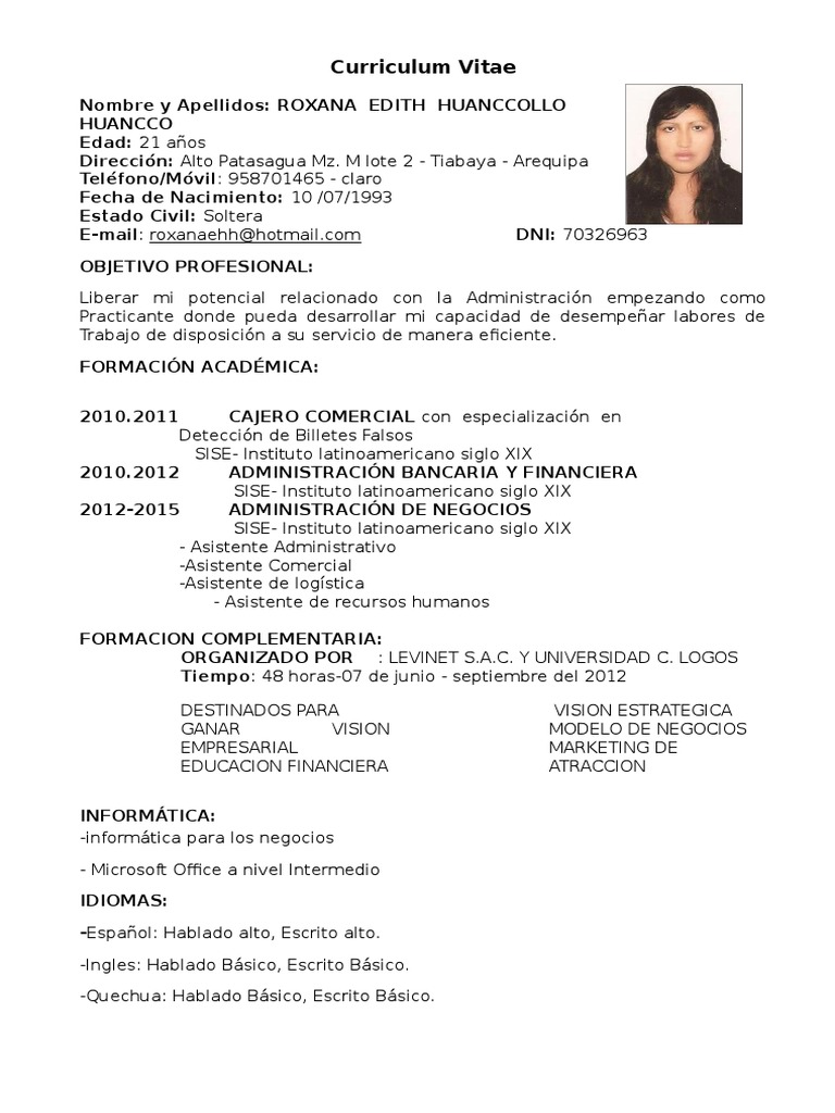 CV de Roxana Huanccollo - Administración | PDF | Logística | Relaciones ...