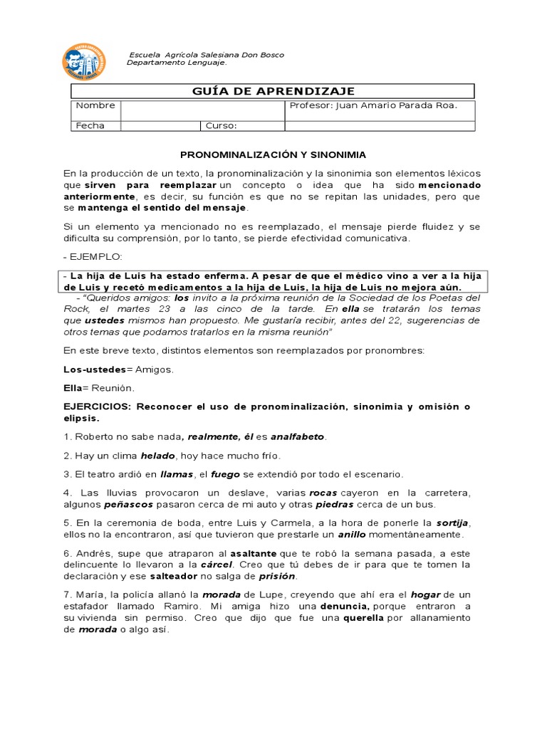 Guía 6° B Pronominalización y Sinonimia | PDF