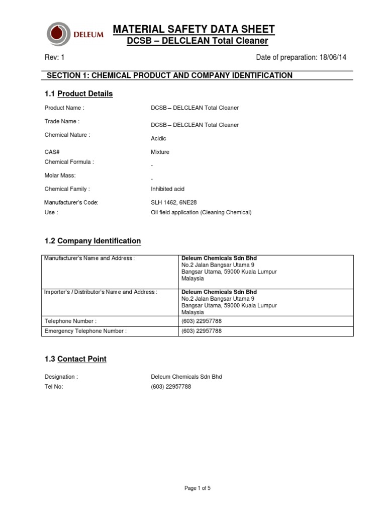 Del-Clean Total Cleaner MSDS | Toxicity | Chemical Substances