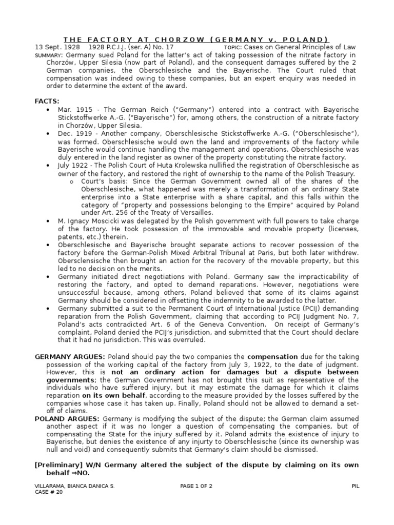 Chorzow Factory Case Digest | PDF | Damages | Common Law