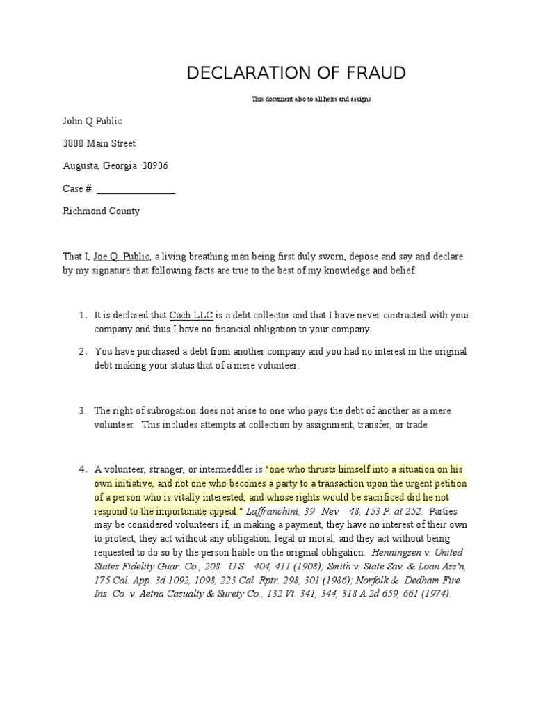 Declaration of Fraud_debt Collector | Fraud | Debt